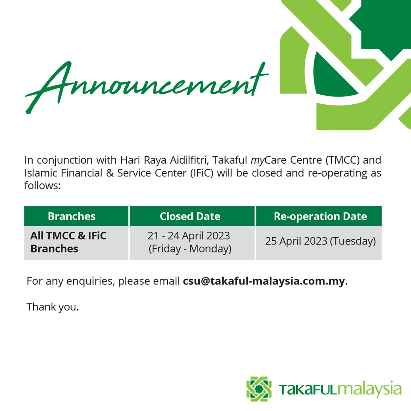 Hari Raya Branch Operation