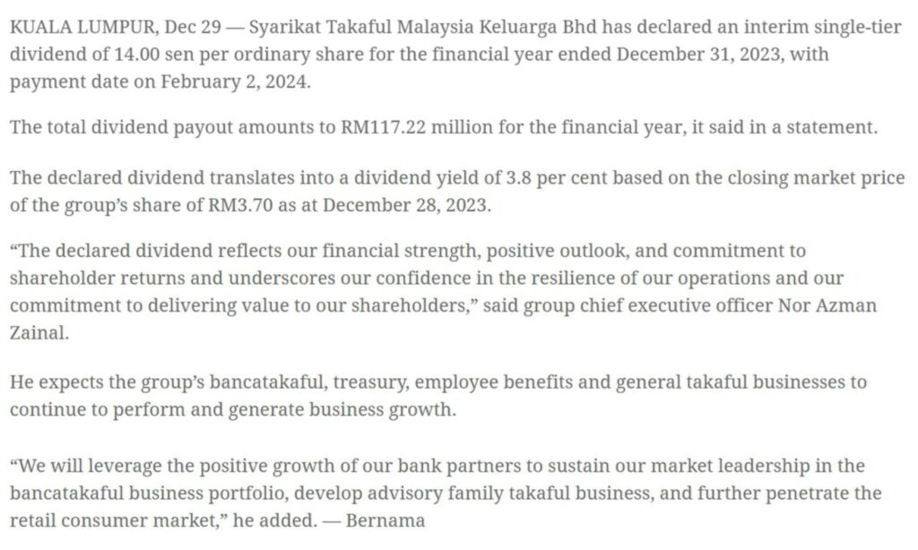 Takaful Malaysia Declares 14 Sen Dividend FY 2023